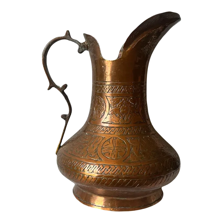 Antique Persian Middle Eastern Hand Chased Copper Pitcher | Chairish
