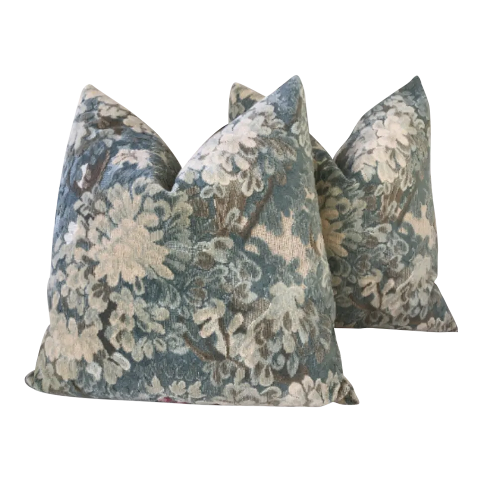 Scalamandre “Marly” Cut and Uncut Blue Green Verdure Velvet Pillows- a ...