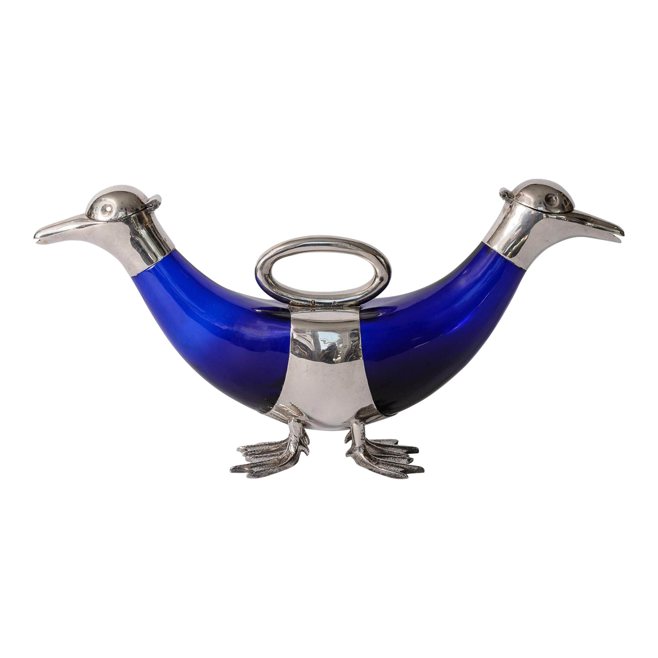 English Bristol Blue Glass Silver Plated Double Claret Duck Decanter ...
