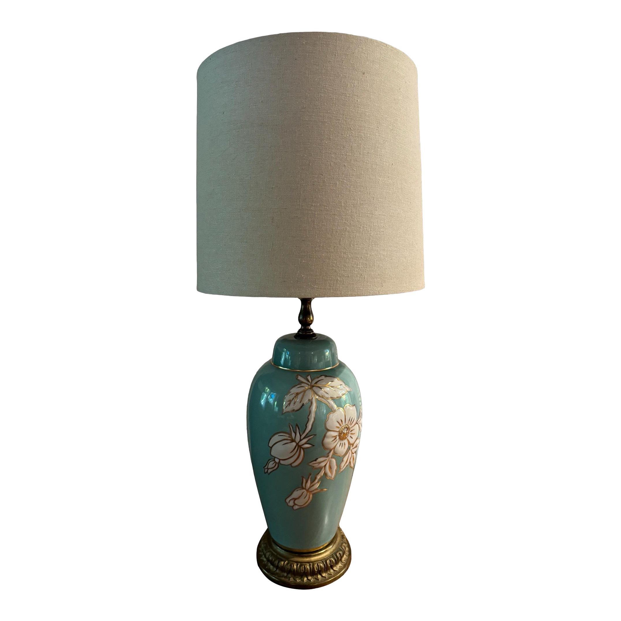 1960s Jade Lamp With White Flowers on Front and Back Shade Included ...