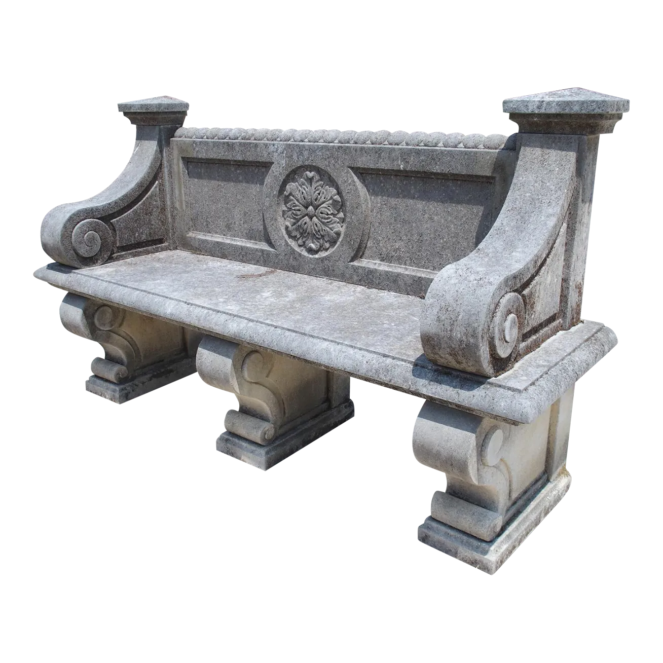 Italian Limestone Garden Bench With Carved Rosette Back and Scrolled ...