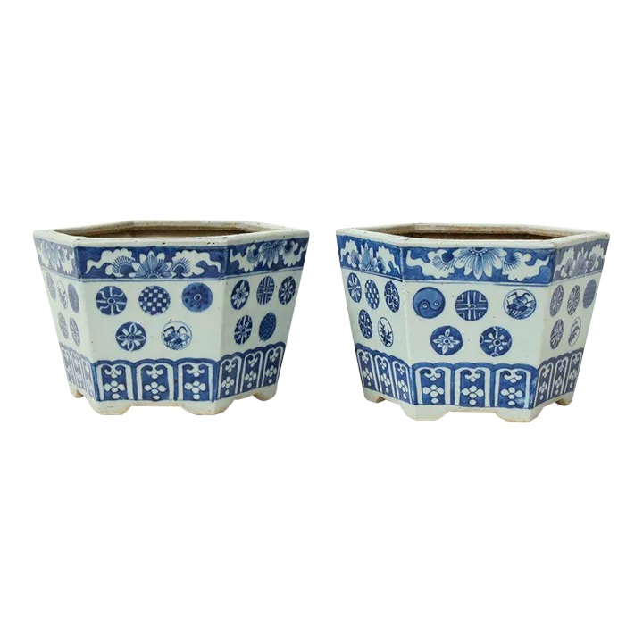 Pair of Chinese Export Blue and White Porcelain Cachepots | Chairish