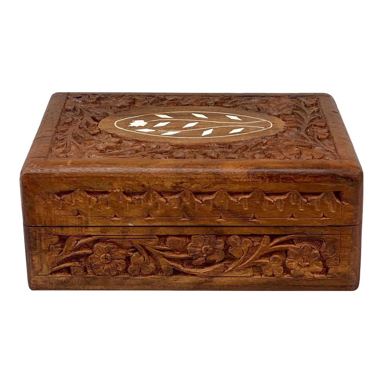 Vintage Traditional Carved Walnut Inlaid Storage Box | Chairish