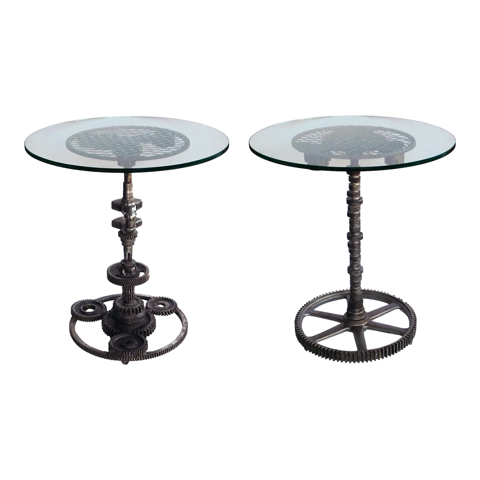 1960s Industrial Cast Iron Gear Wheel Tables with Circular Glass Tops ...