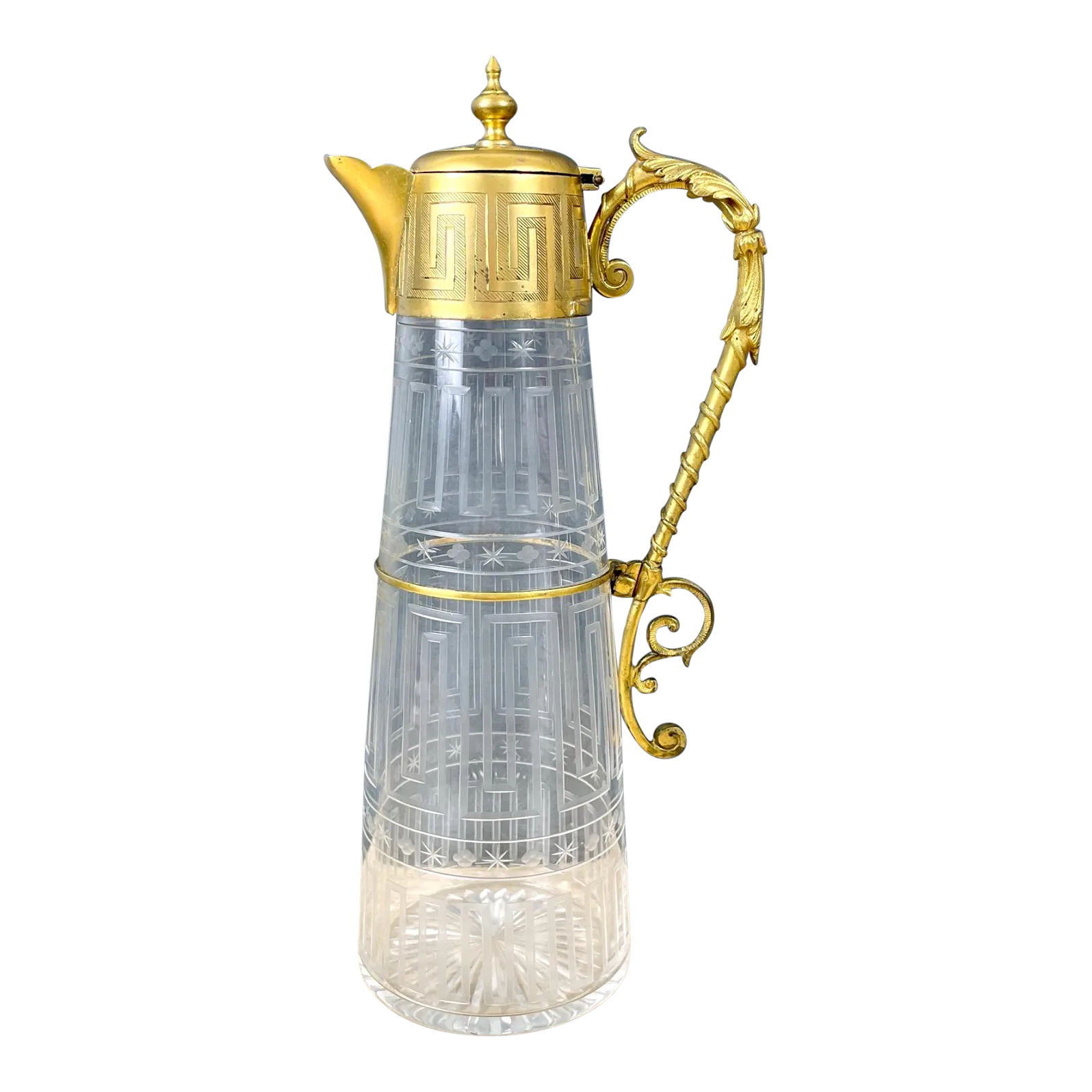 1920s Vintage Greek Key Cut Glass Fancy Claret Jug | Chairish