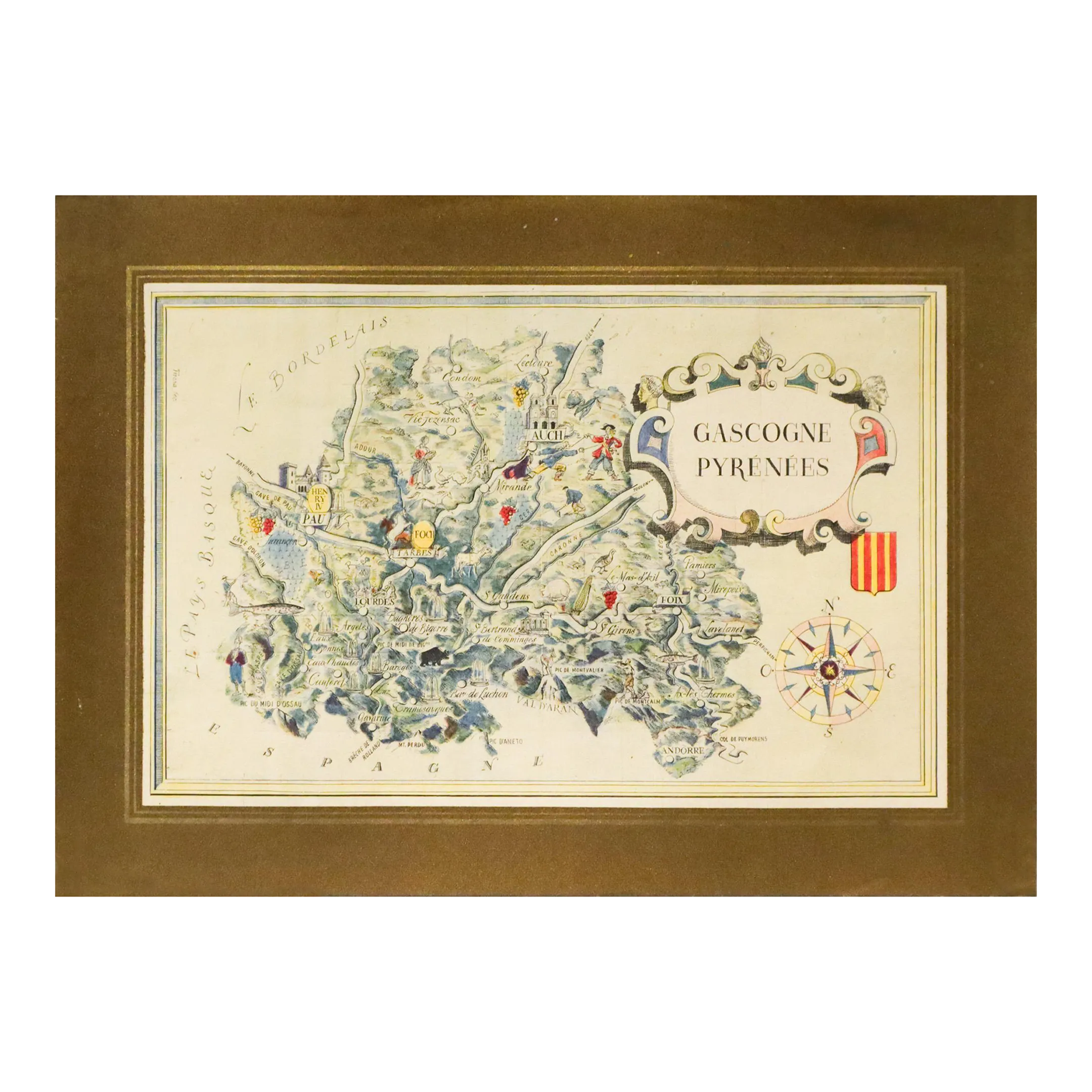 1960's French Vintage Mini Map, Gascogne Pyrenees | Chairish
