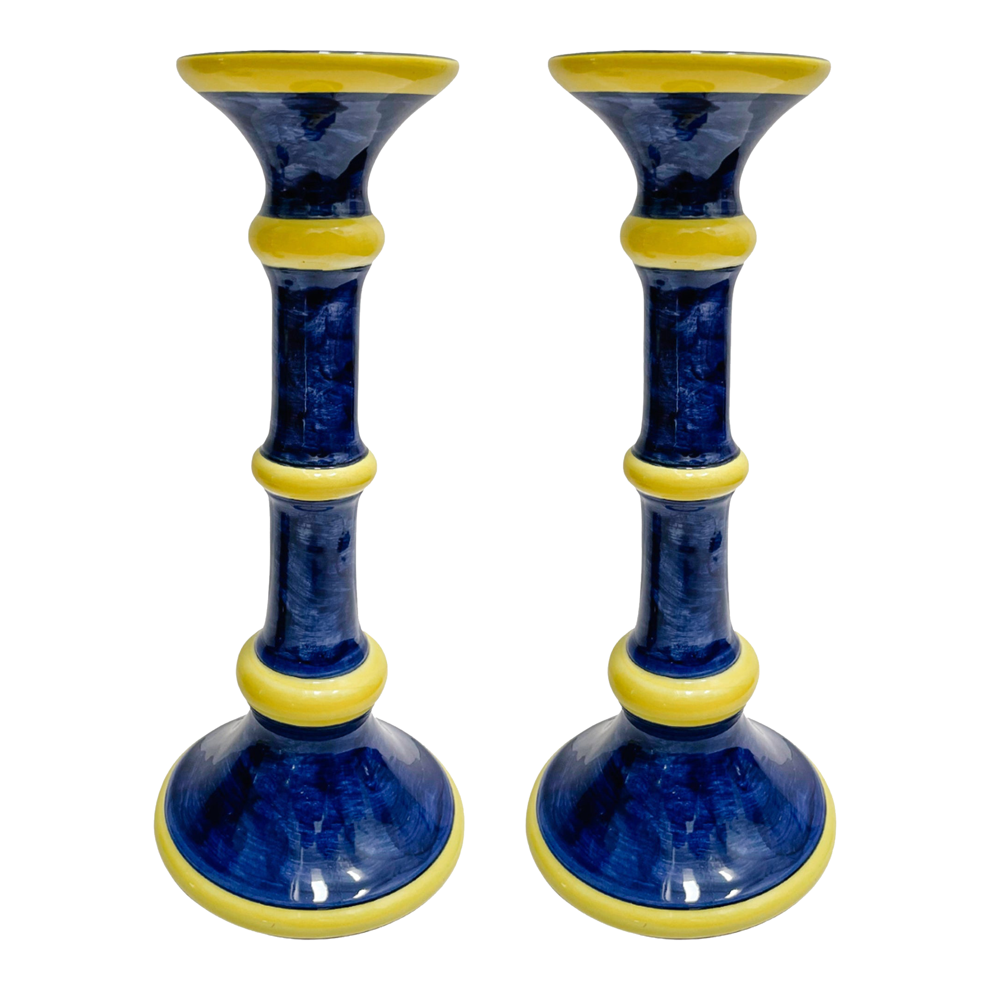 Pair of Blue & Yellow Tall Candlesticks by Intrada Italy | Chairish