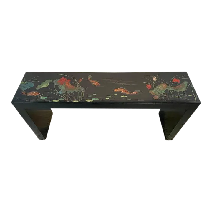 1970s-80s Console Table Art Deco Revival Coromandel Black Lacquer Lotus ...