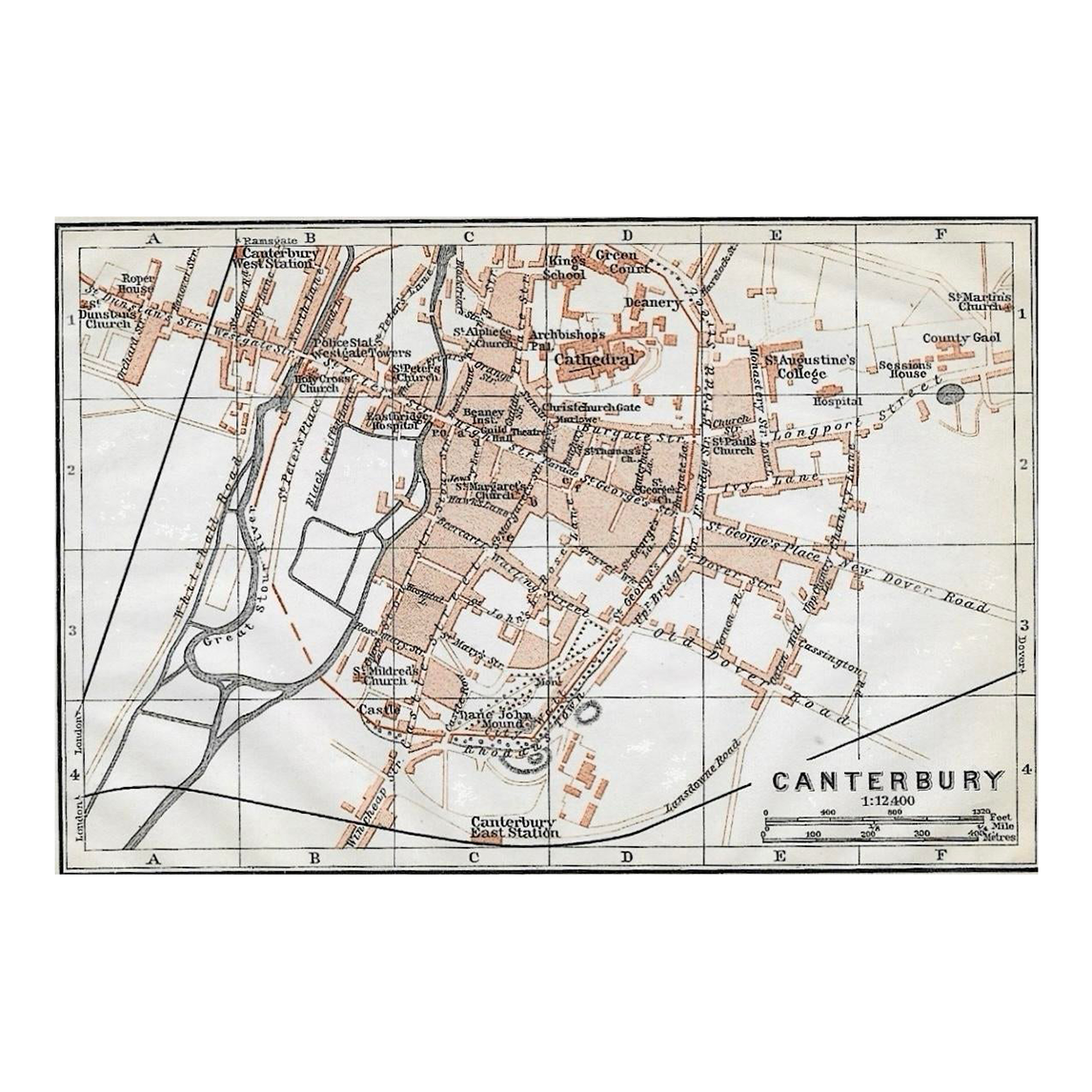 1910 Antique Map of Canterbury England | Chairish