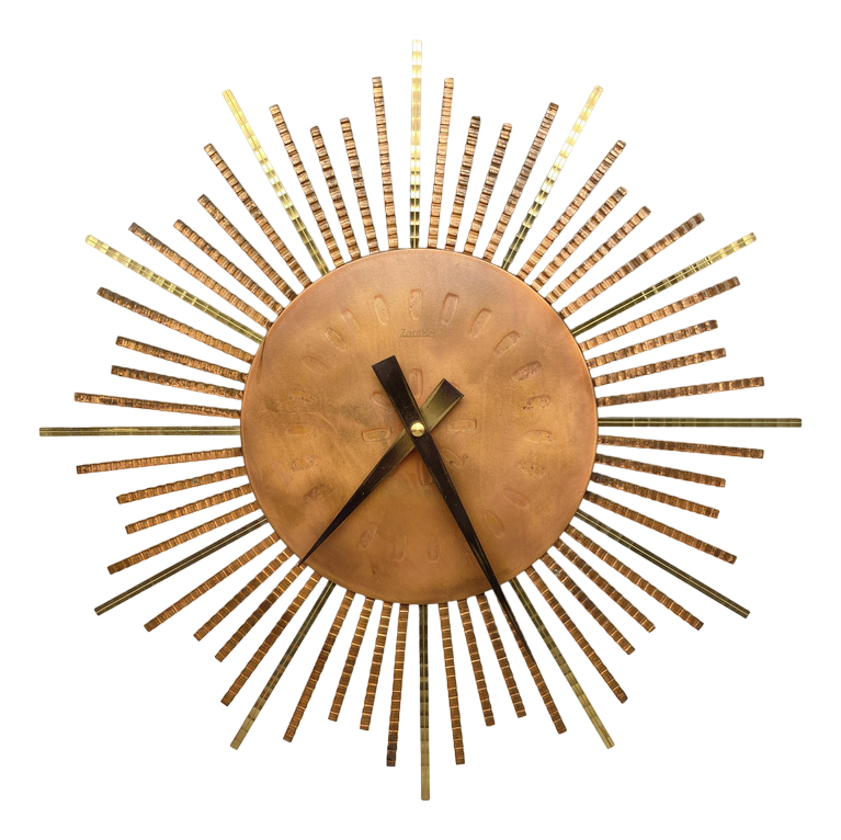 Mid-Century Sunburst Wall Clock in Brass and Copper by Zentra, 1950s ...