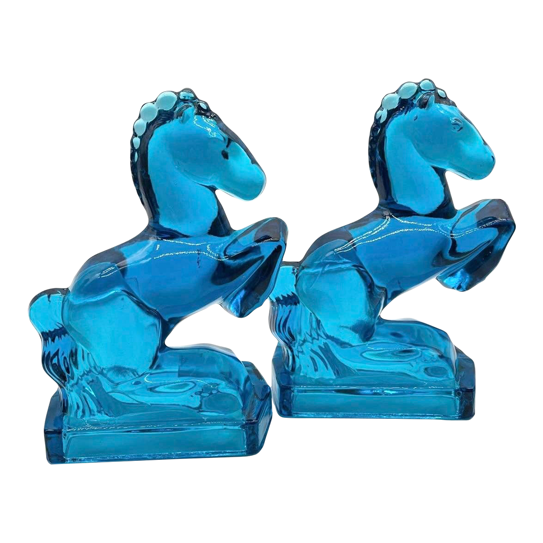 Pair of l.e. Smith Blue Glass Horse Bookends | Chairish