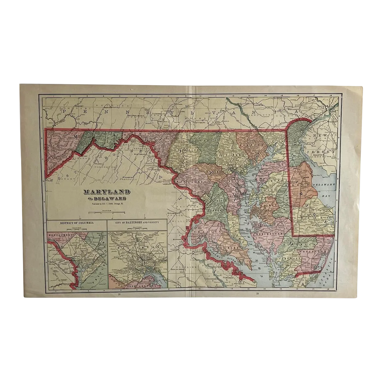 Maryland and Delaware Map Early 20th Century C.1910 | Chairish
