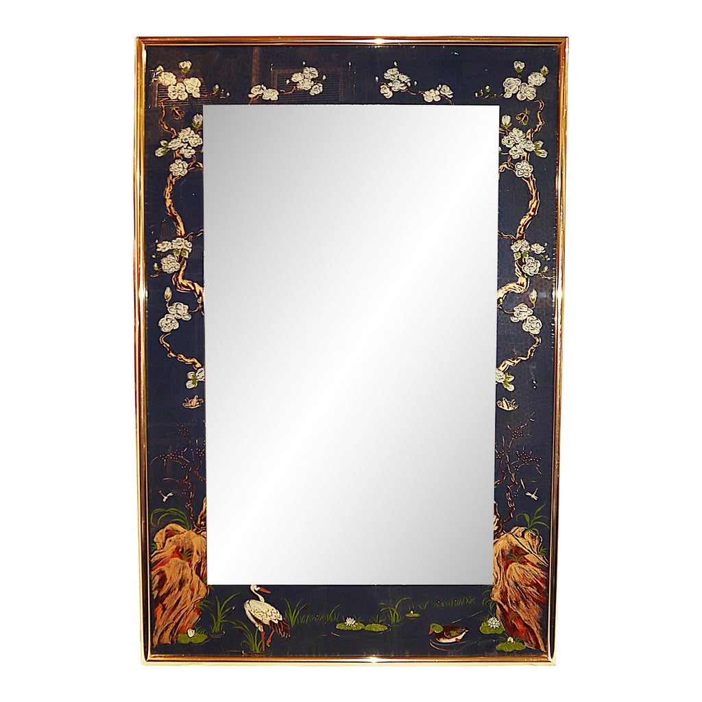 1970s Eglomise Reverse-Painted Beveled Glass Chinoiserie Mirror | Chairish