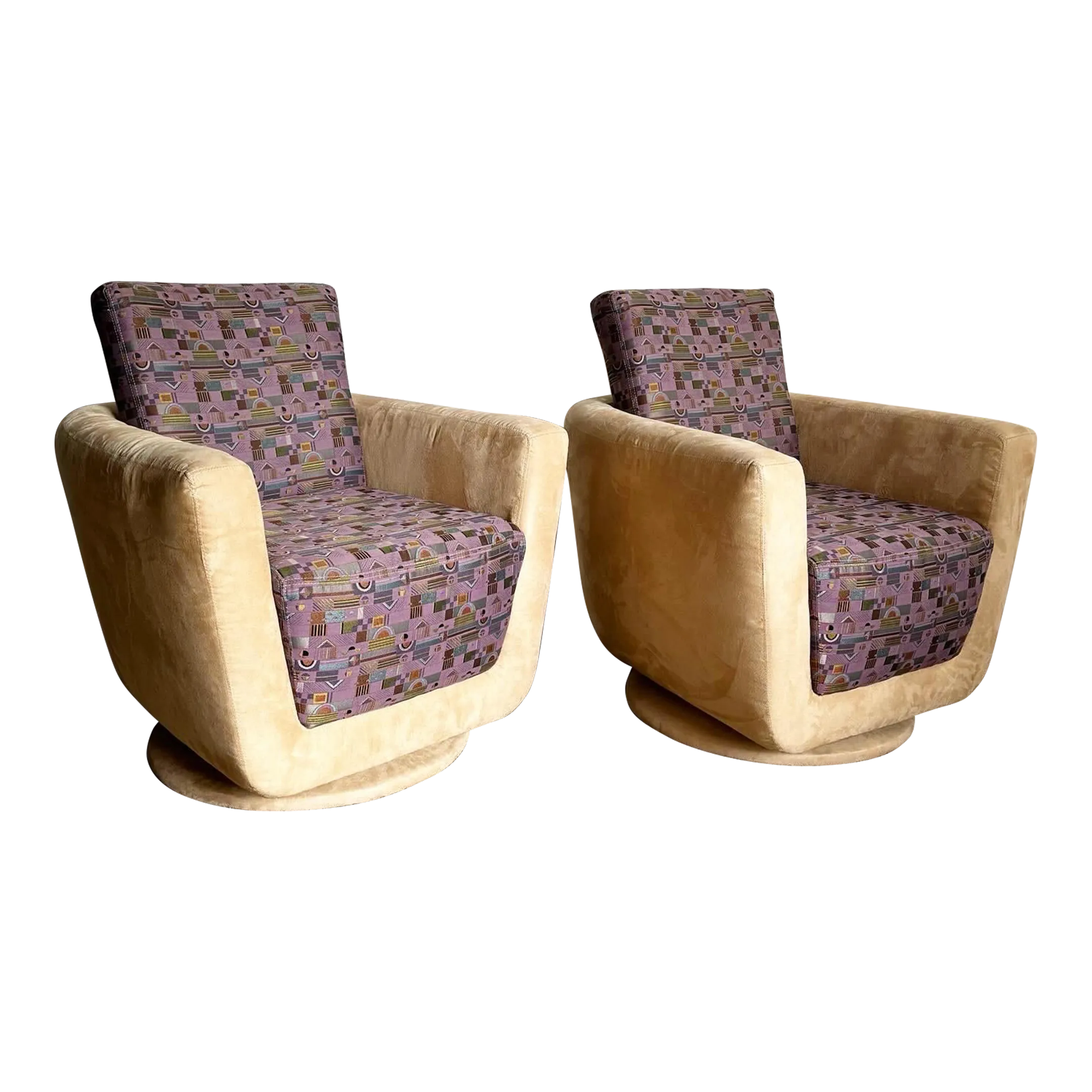 Postmodern Tan Micro Fiber and Purple Patterned Swivel Lounge Chairs ...