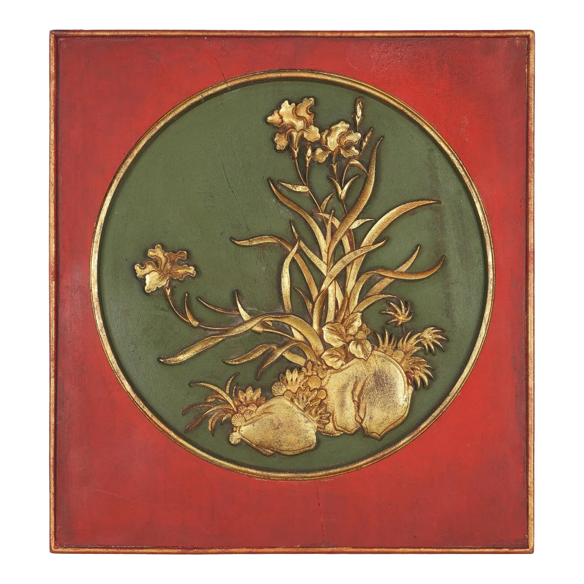 Chinese Wood Panel With a Shallow Carved and Gilt Cartouche on a Red ...