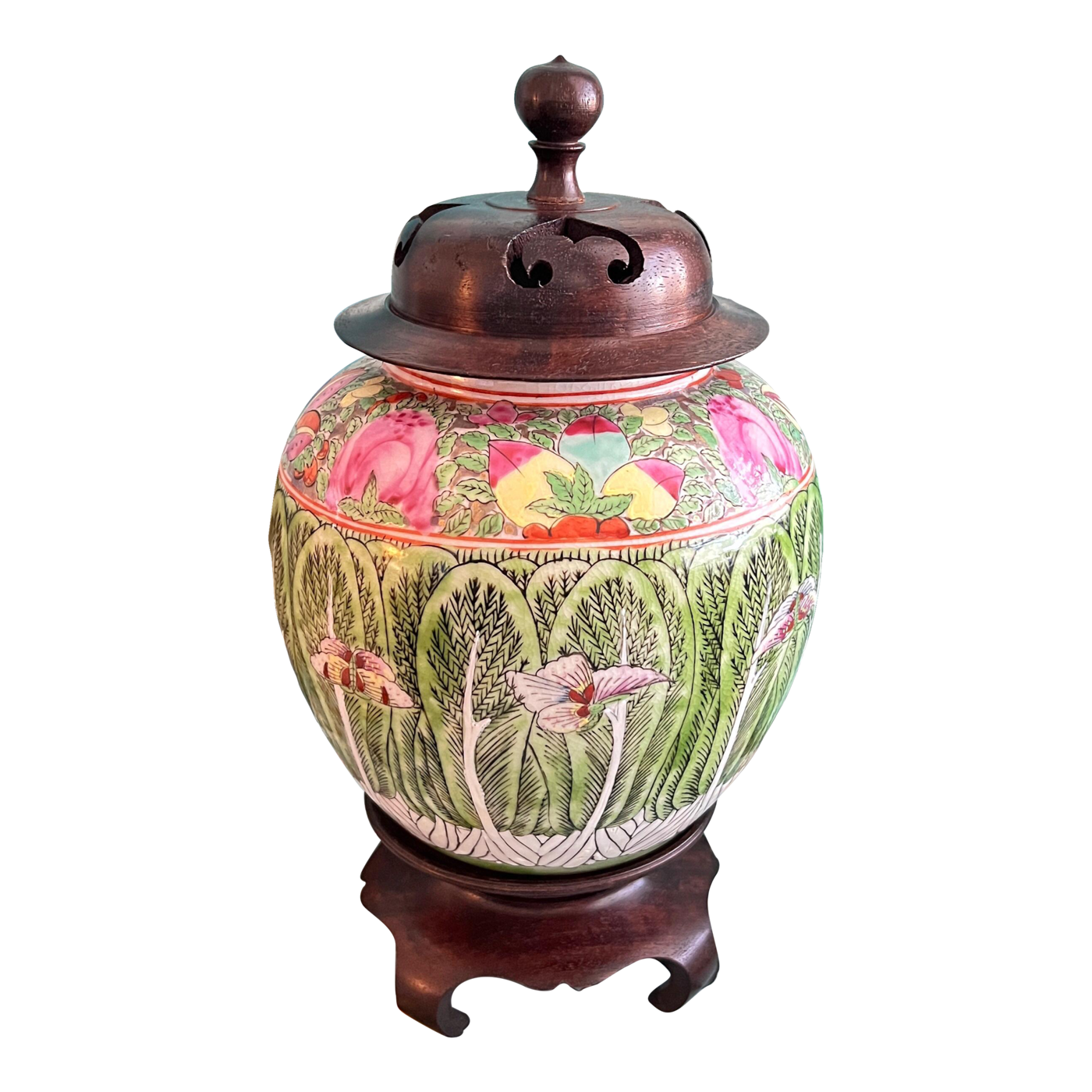 20th Century Chinoiserie Porcelain Bok Choy Ginger Jar With Wood Lid ...
