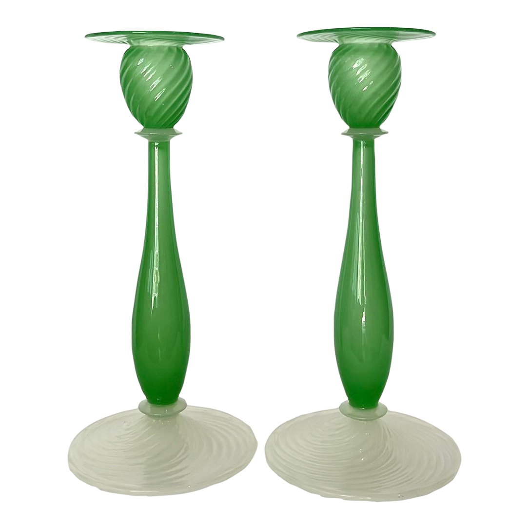 Vintage Green Murano Candlesticks- a Pair | Chairish