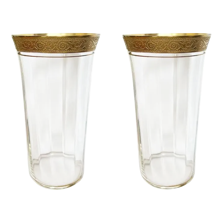 Tall Gold Rimmed Glass Highball Cups by Tiffin - a Pair | Chairish