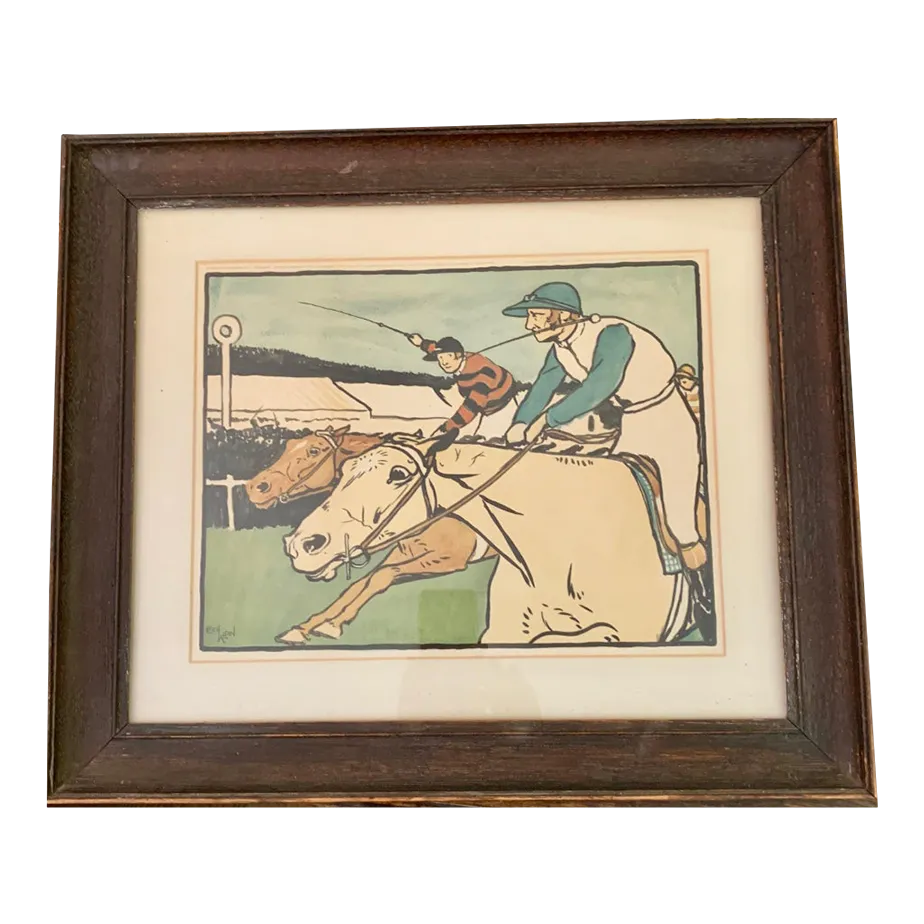 English Victorian 19th Horse Racing Scene With Jockeys | Chairish