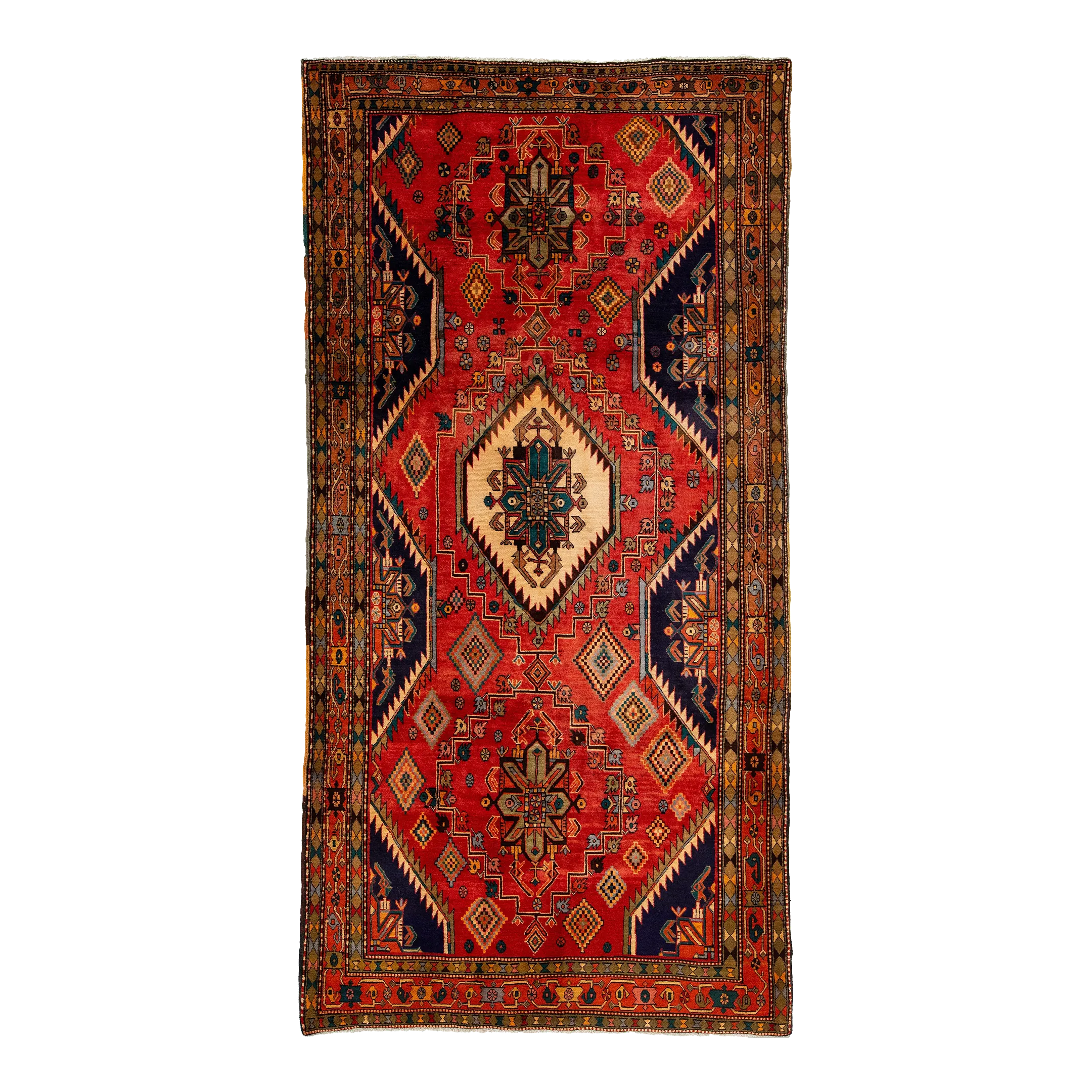 Vintage Heriz Red and Blue Wool Rug Allover Design | Chairish