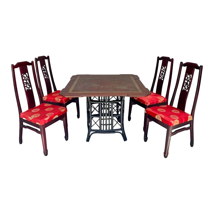 VIntage Chinoiserie Incised Game Table or Dining Table With High Back Carved Chairs Set of 5 Chairish