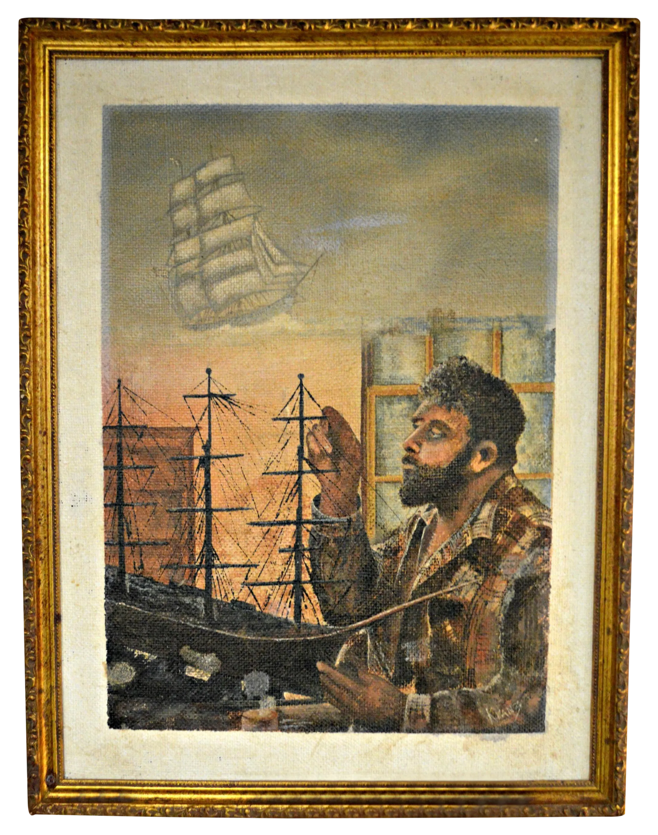 Sailboat Model Oil Painting on Burlap | Chairish