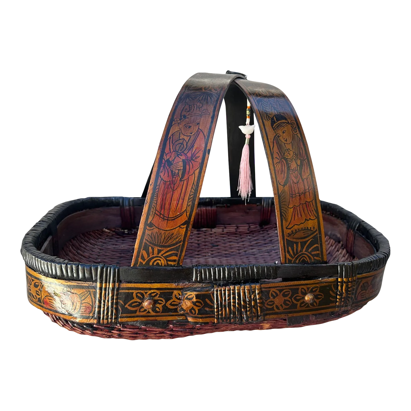 Antique Asian Hand Painted Oval Gathering Basket | Chairish