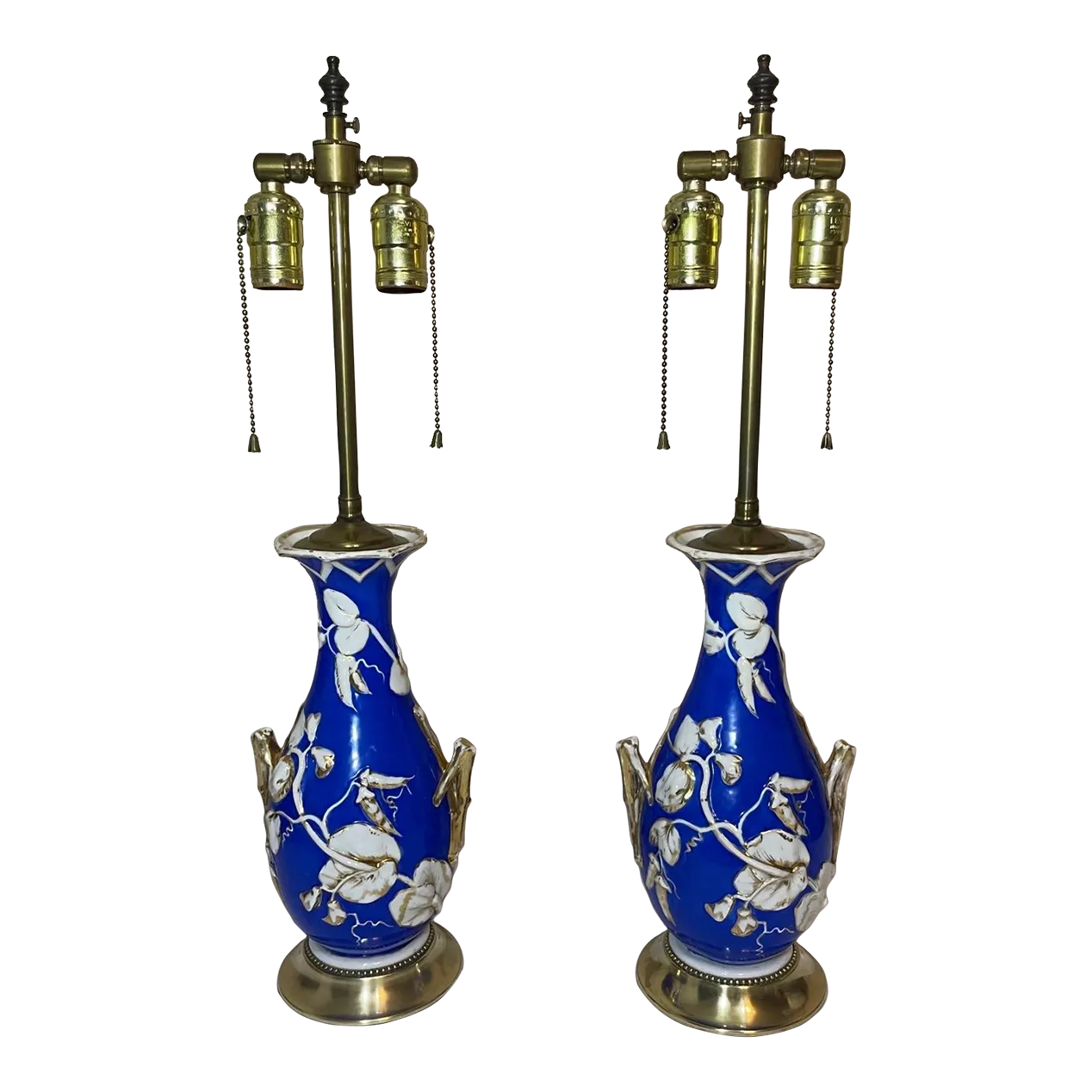 Pair 1940s European Porcelain Royal Blue Lamps Raised Floral & Vines ...