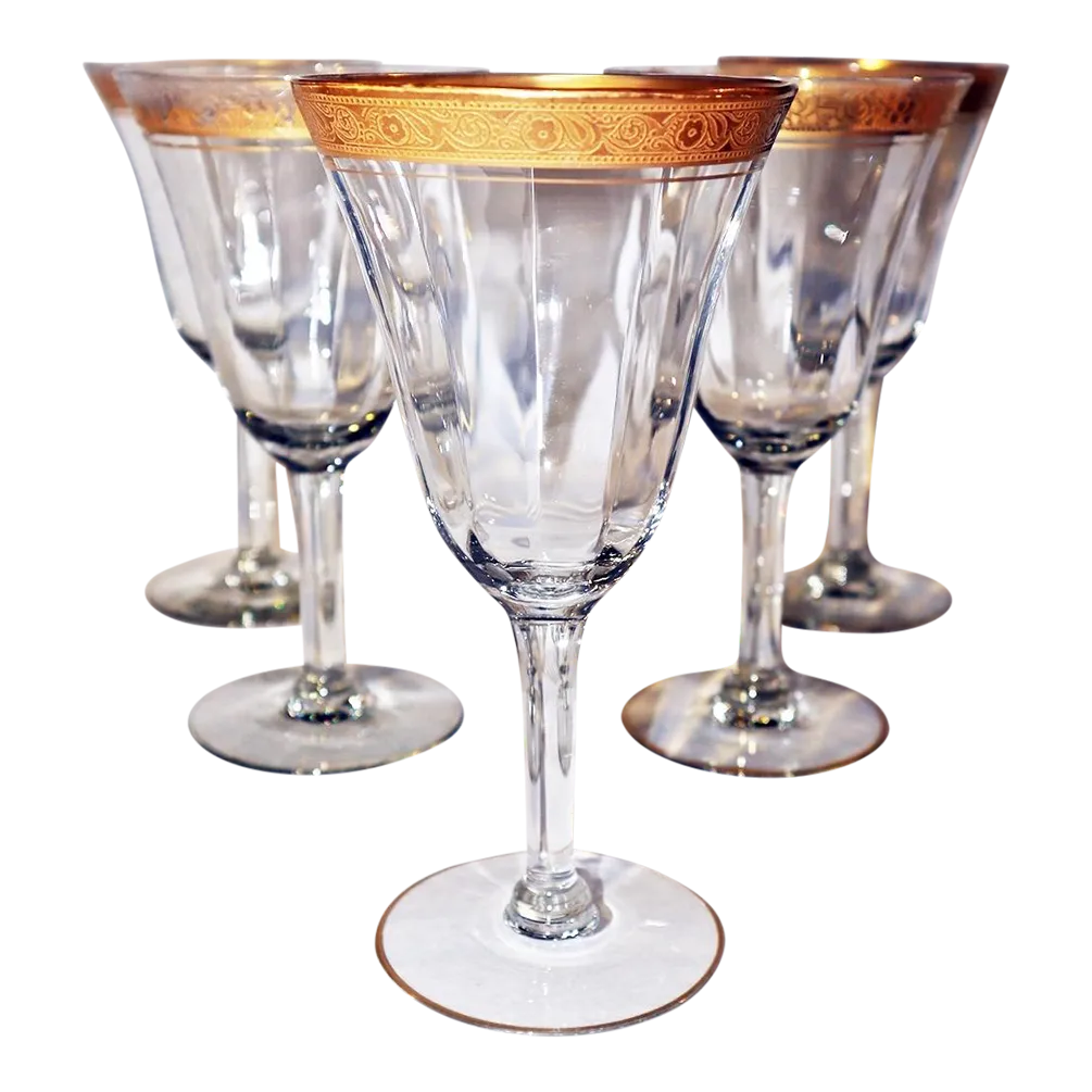 1920-1930s American Gilt Rim and Crystal Wine Stems- Set of 5 | Chairish