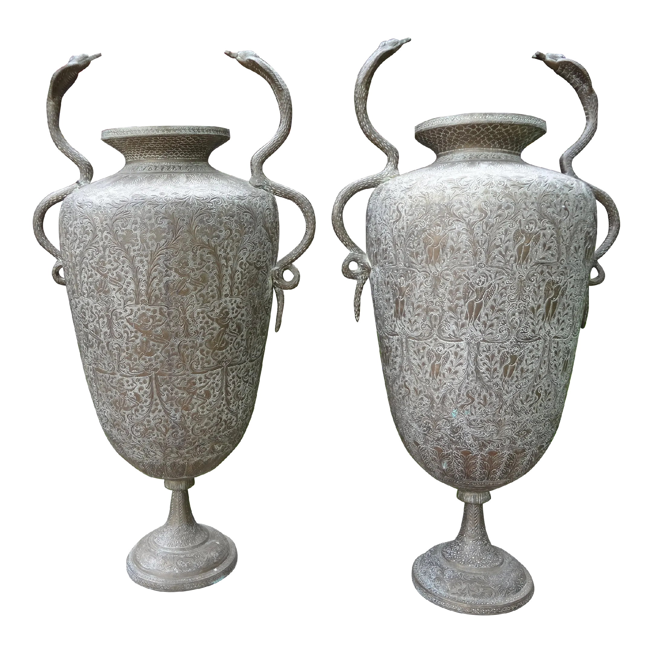 Pair of 1920s Anglo-Indian Brass Urns With Cobras | Chairish