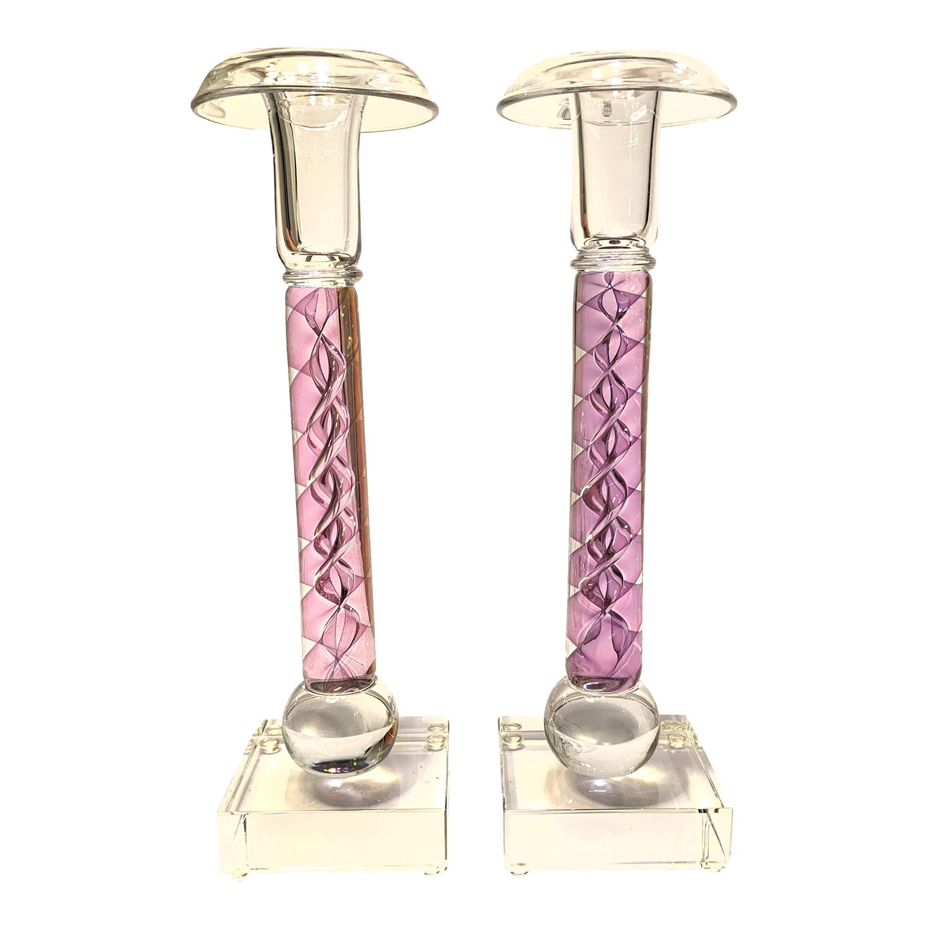 Blown Studio Glass Candlesticks With Double Spiral of Pink Ribbon ...