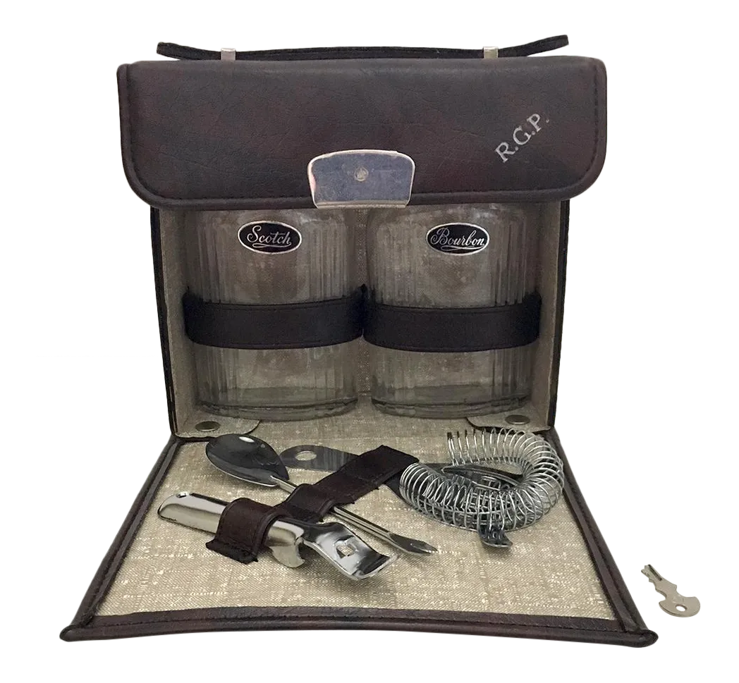 Monogrammed Brown Leather Travel Bar Handled Case | Chairish