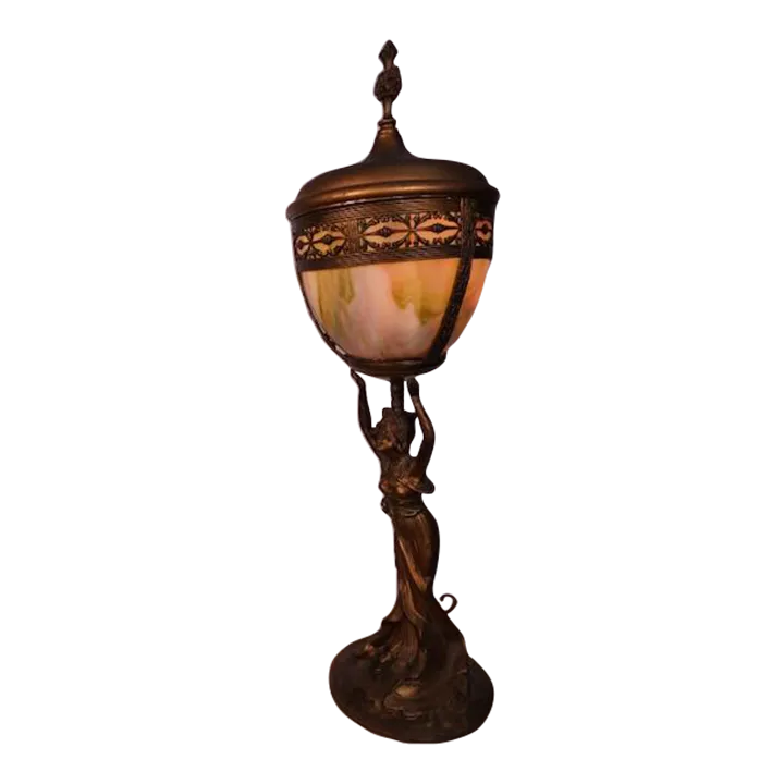 Art Nouveau Spelter Zinc Boudoir Table/Pedestal Lamp 1915-1920 | Chairish