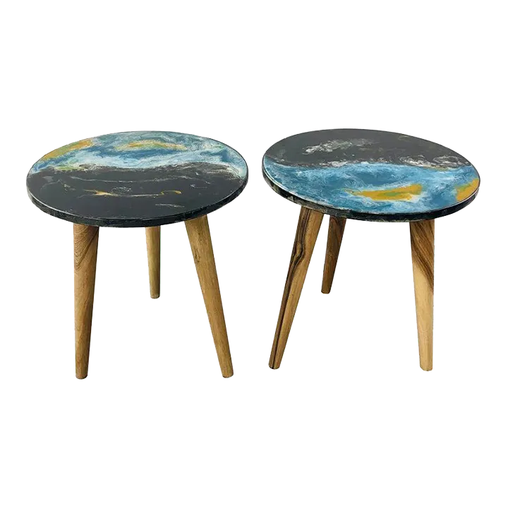 Abstract Art Design Epoxy Resin Top & Walnut Legs, End or Side Table, a ...