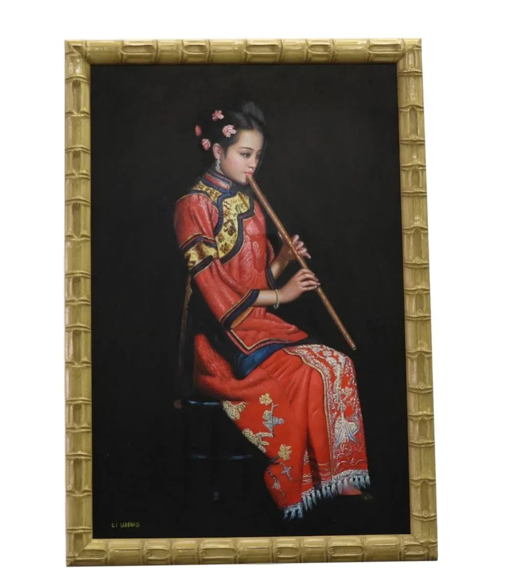 Chinese Oil Painting on Canvas Female Musician | Chairish