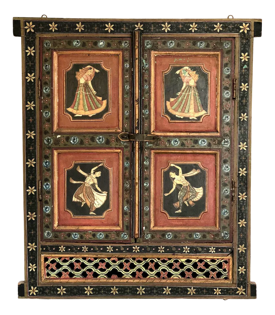 19th Century Indian Hand Painted Carved Wood Window Frame | Chairish