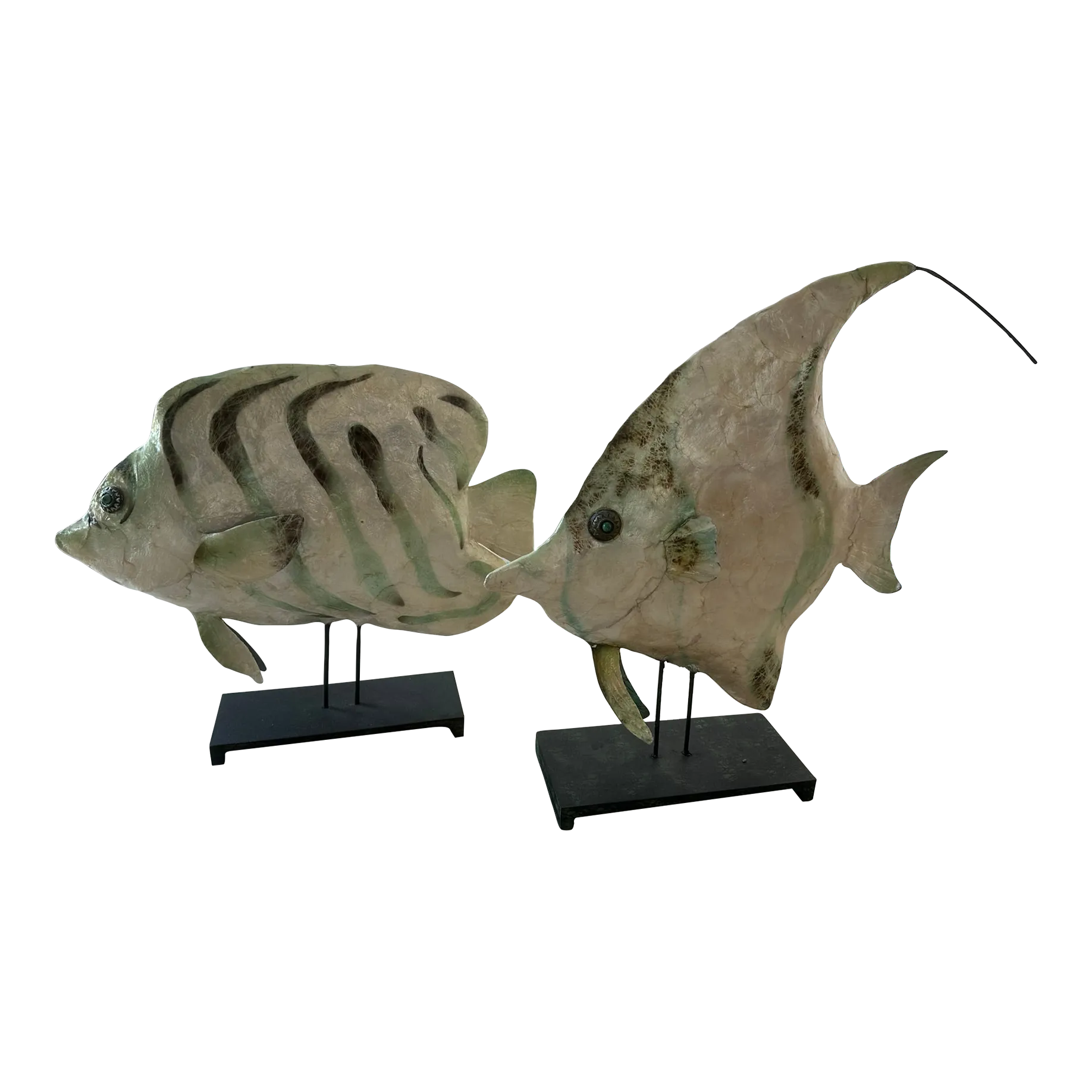 Vintage Coastal Large Iridescent Fish Sculpture on Stand, a Pair | Chairish