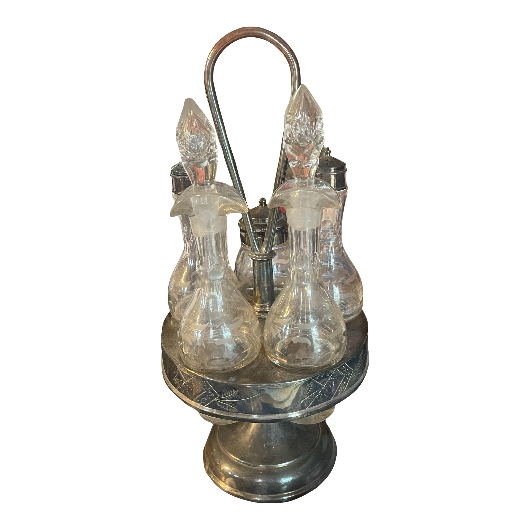 Antique Meriden B Company 5 Piece Condiment Set, Etched Glass, Spoon ...