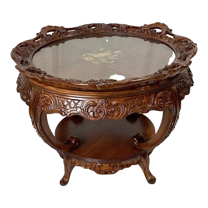 Antique coffee table with removable glass tray top store