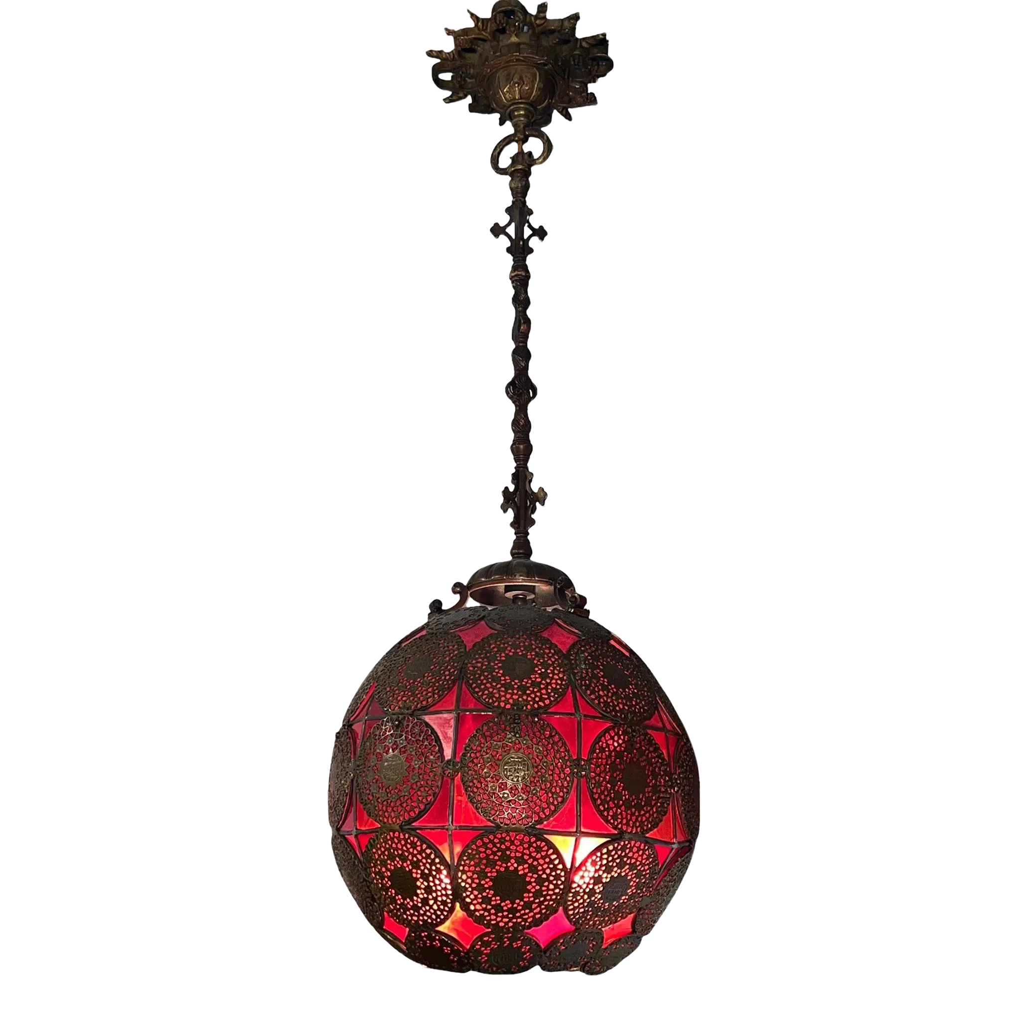 Antique Islamic Spherical Leaded Red Glass Hanging Lamp | Chairish