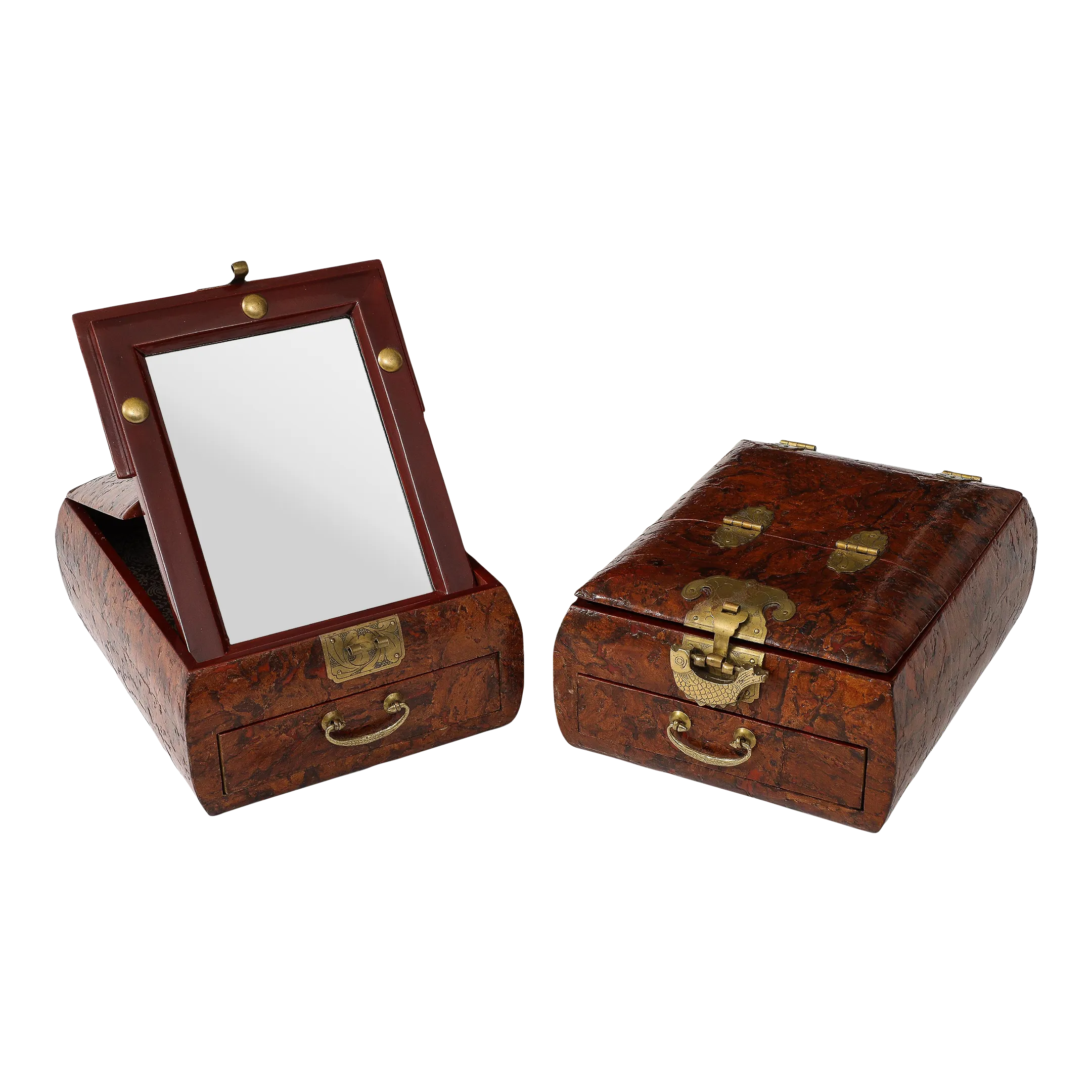 1950's Burl-wood Chinese Jewelry Boxes With Mirror - Set of 2 | Chairish