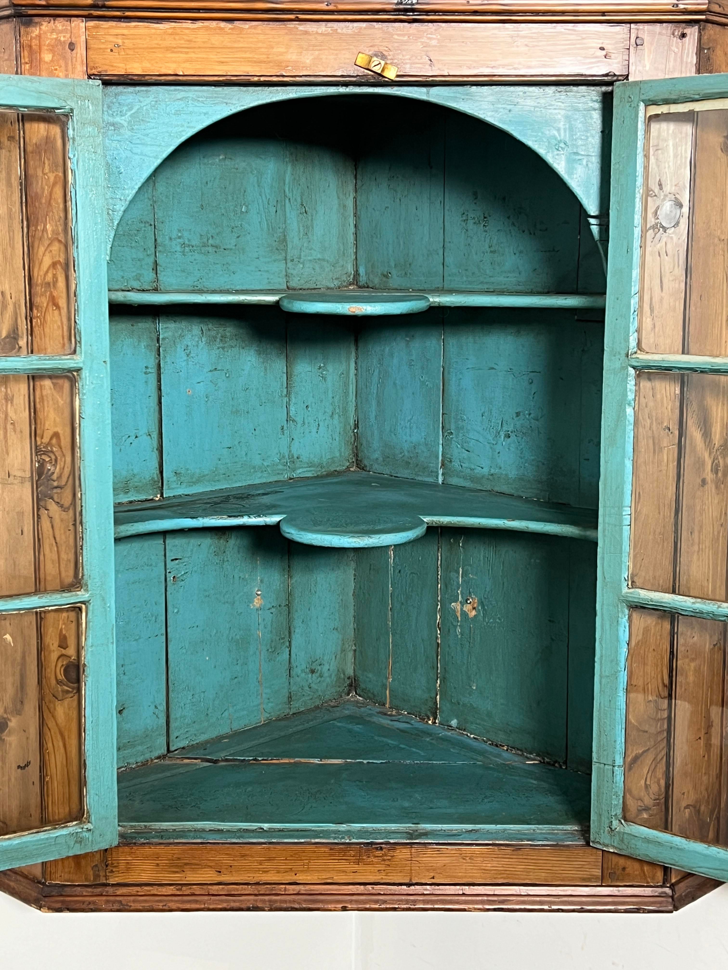 Antique 18th Century Pine Wall Hanging Corner Cabinet With Painted Blue Interior