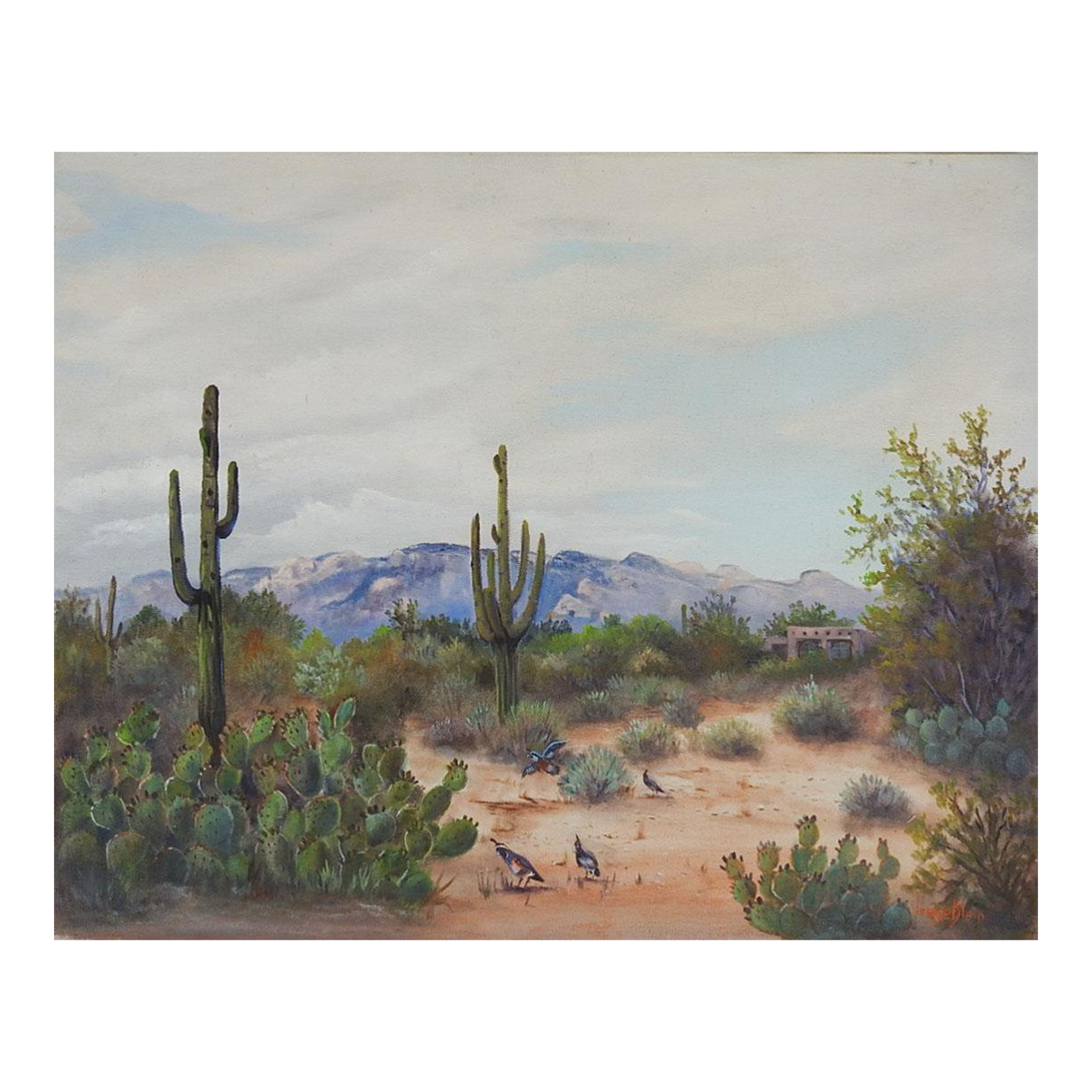 Vintage Irene Klein Quail in Mountain Desert Landscape Painting | Chairish