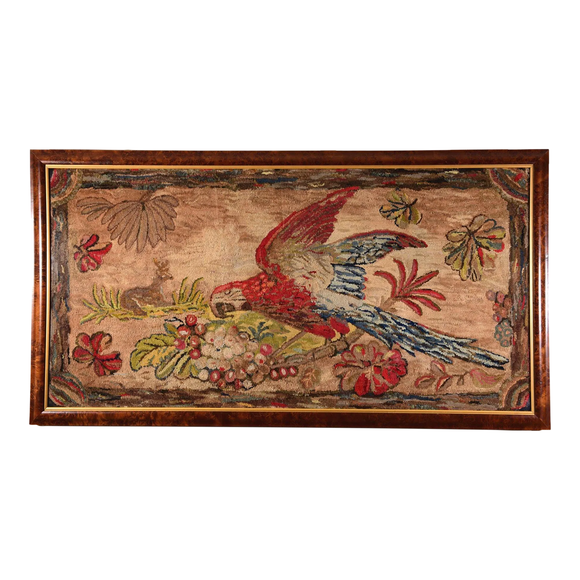 Antique American Large Framed Scarlet Macaw Hand Hooked Rug | Chairish