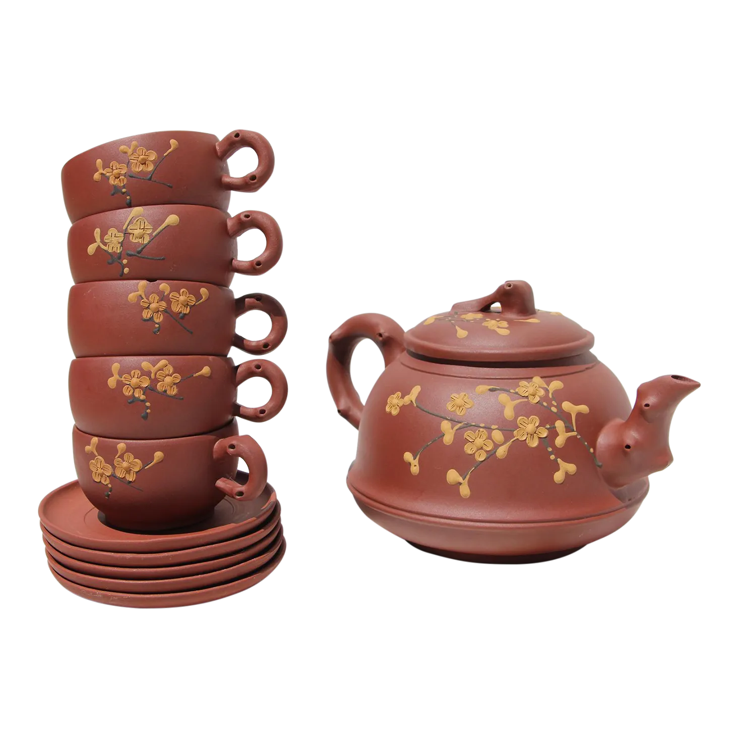 Mid-Century Chinese Yixing Tea Set, Teapot and Five Cups With Saucers ...