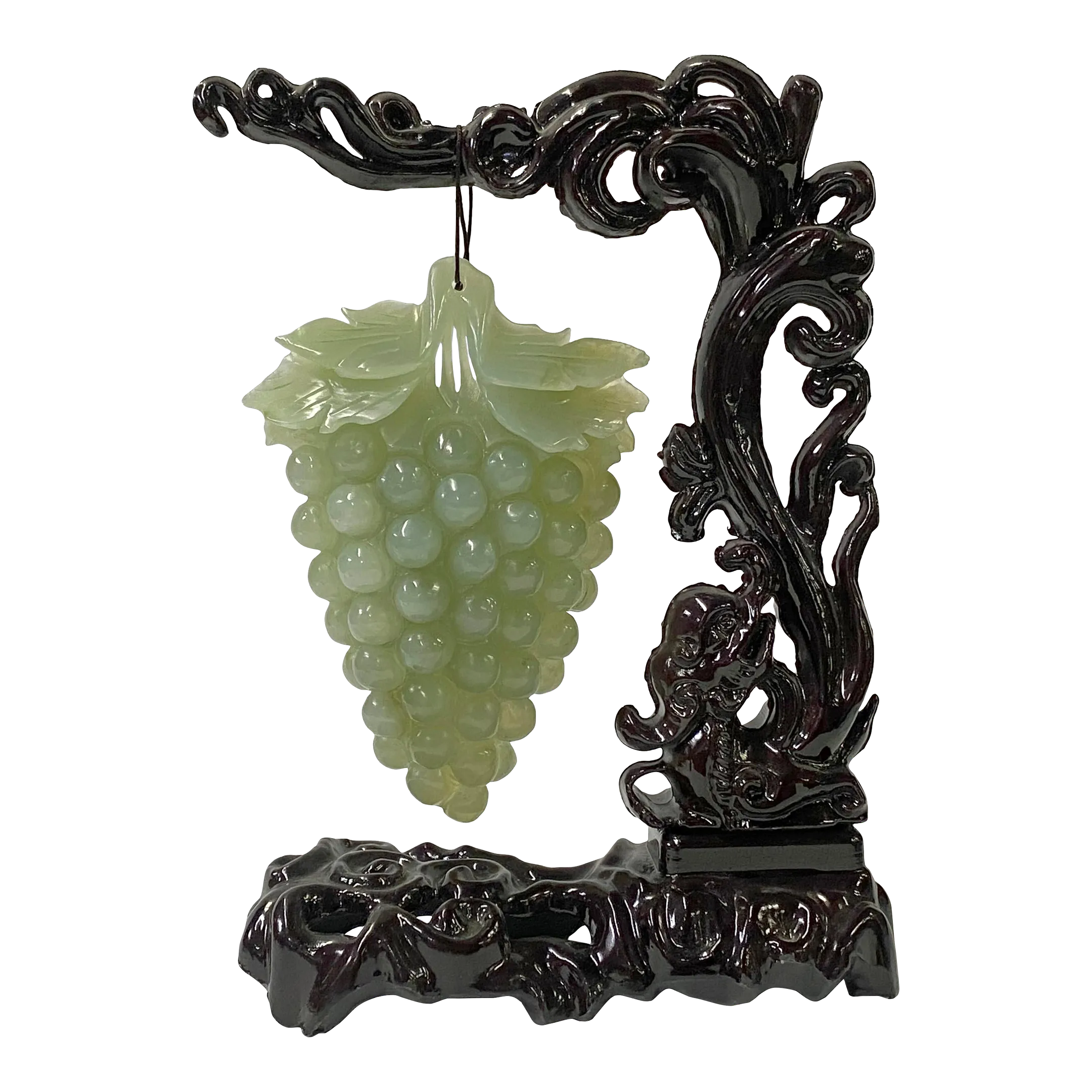 Chinese Natural Stone Grapes Shape Wood Stand Display Art | Chairish