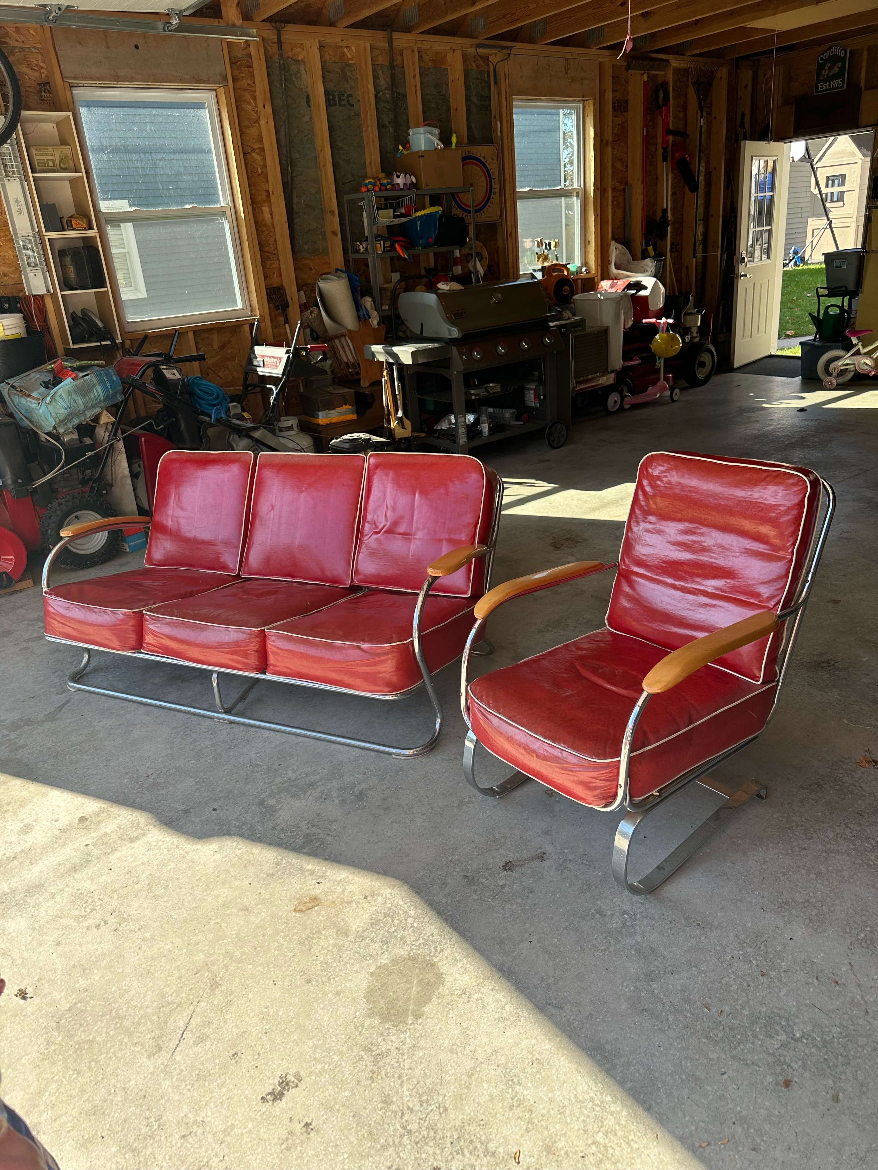 1930s Art Deco Chrome Tubular Sofa Lounge Chair Set by Kem Weber