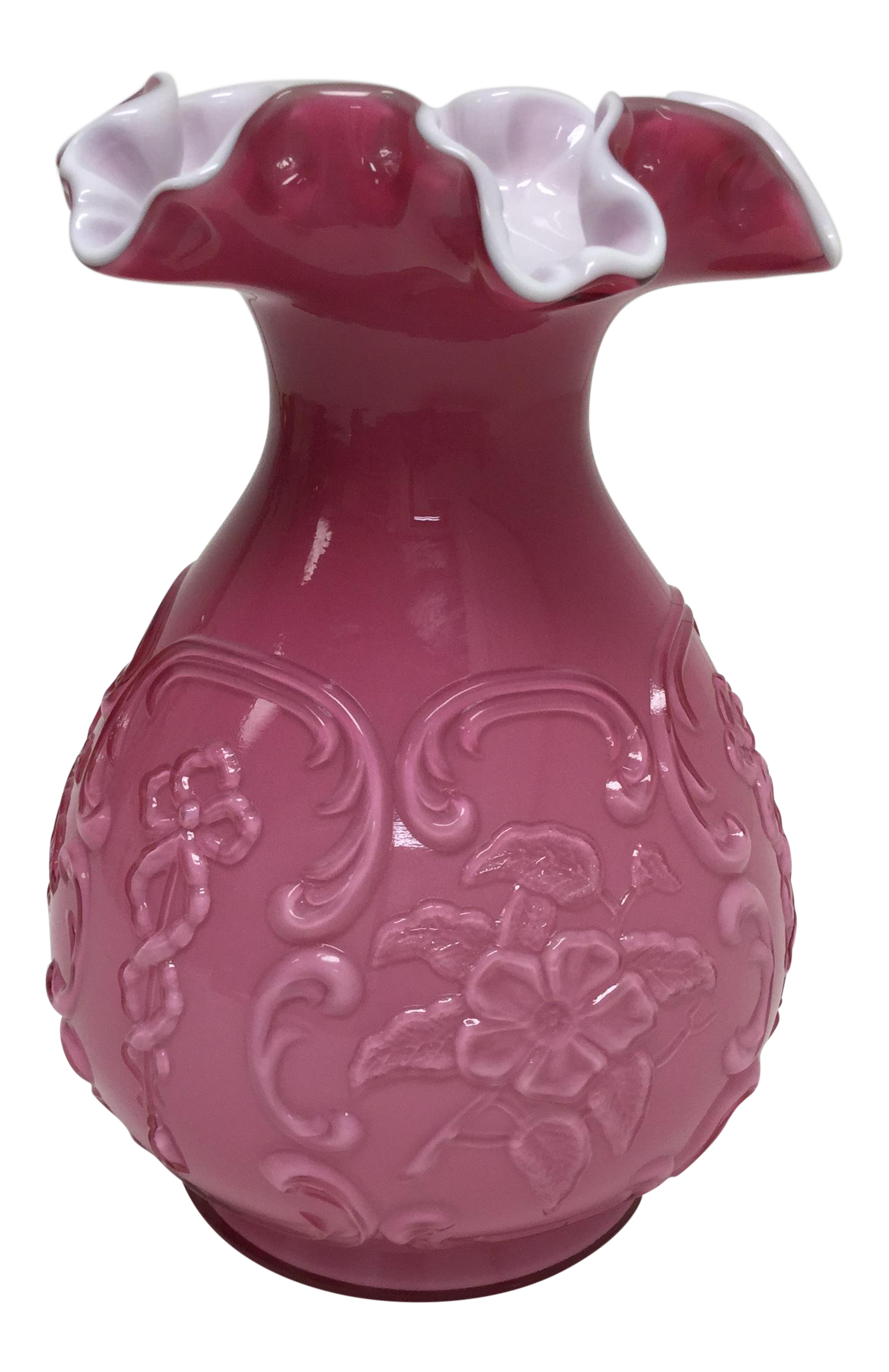1940s Fenton Ruffled Vase in Pink and White With Ribbon and Floral ...