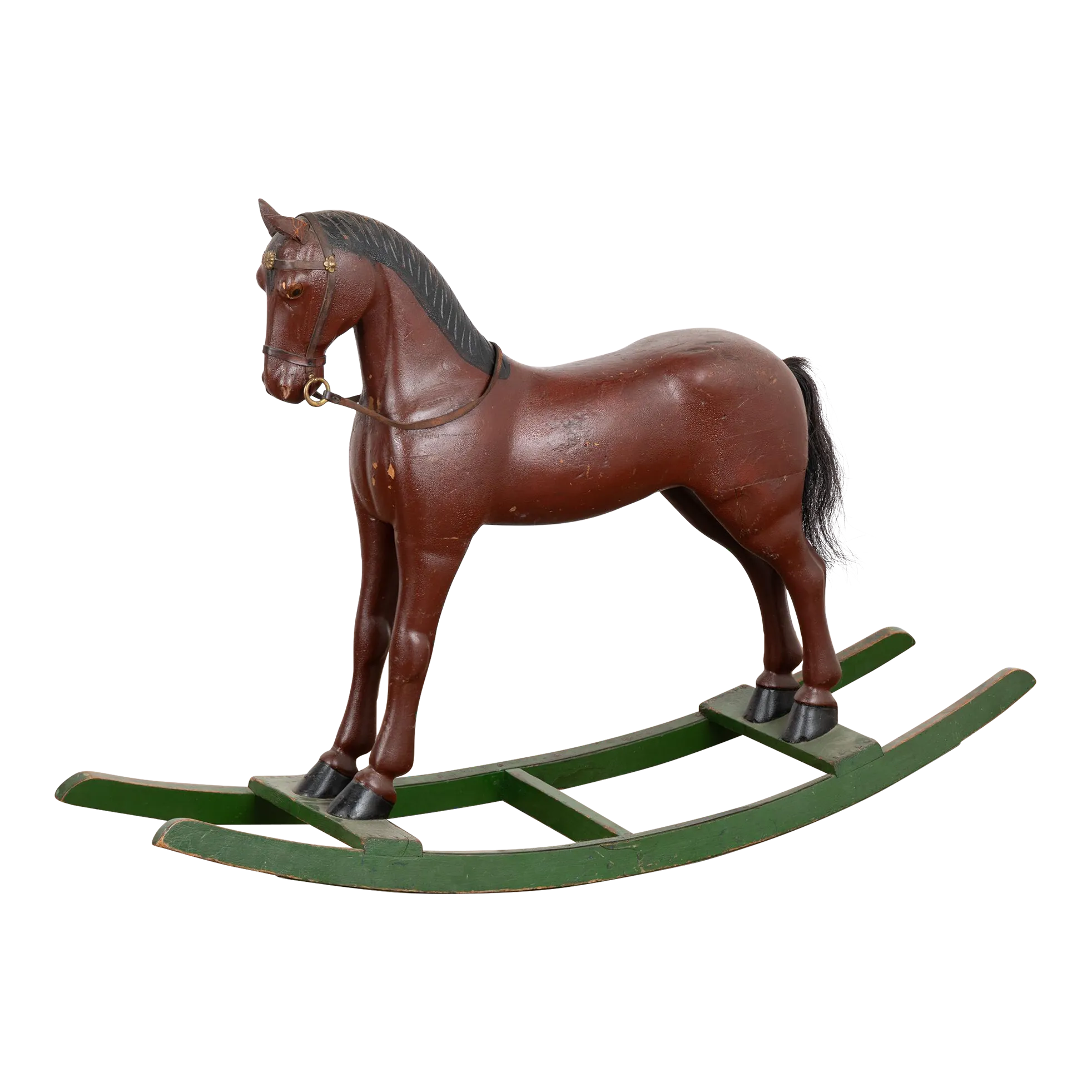 Original Brown Painted Wood Rocking Horse on Green Rocker, Sweden Circa ...