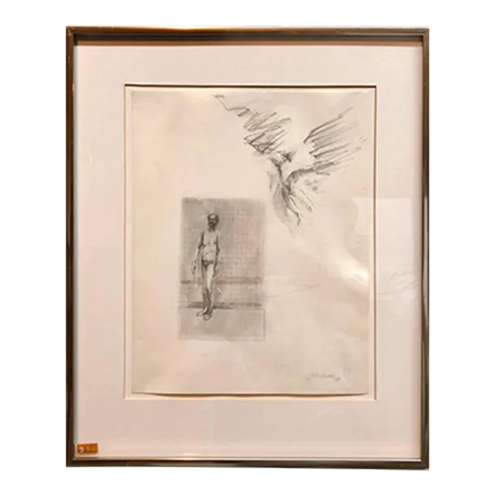 John Dobbs, Abstract Modernist Drawing of a Nude Man with Winged Figure ...